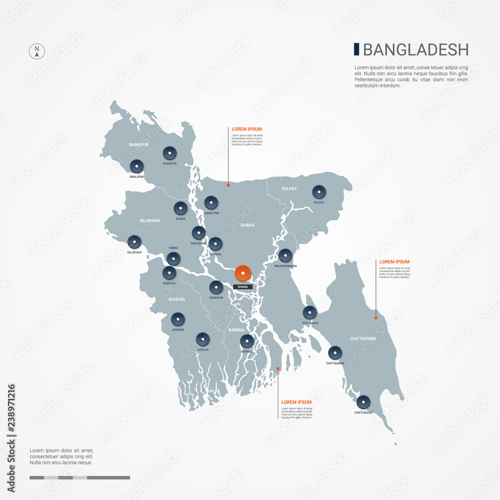 Bangladesh map with borders, cities, capital and administrative ...