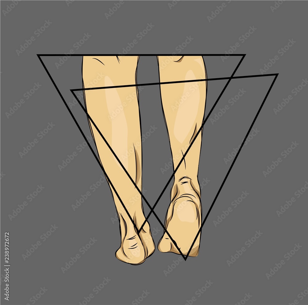 Slender female legs, barefoot, back view,in the background of a palm ...