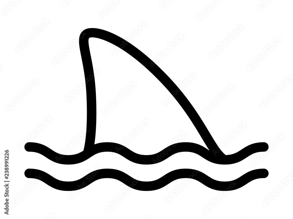Shark attack warning sign with shark dorsal fin swimming in water line ...