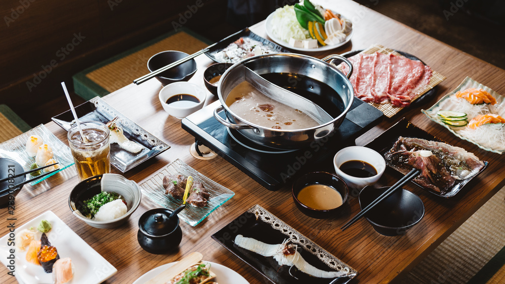 Shabu set including rare slices Wagyu A5 beef, Shabu shoyu and clear ...