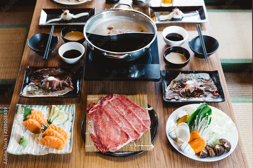 Shabu set including rare slices Wagyu A5 beef, Shabu shoyu and clear ...