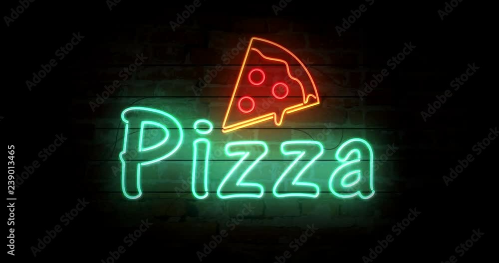 Pizza neon sign light on brick wall background. Glowing large ...