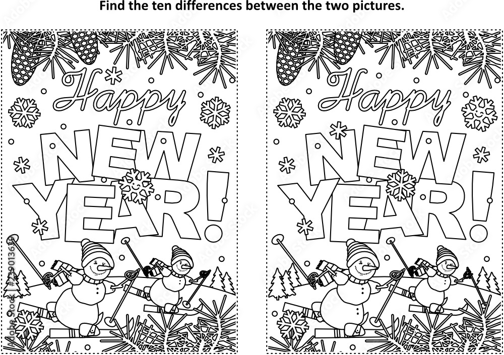 Happy New Year greeting find the ten differences picture puzzle and ...