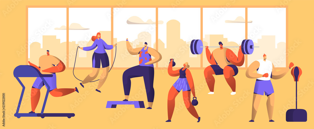 Gym Workout Character Set. Sport Cardio Fitness Man and Woman Figure ...