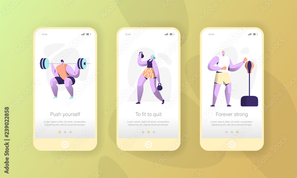 Sport Character Mobile App Page Onboard Screen Set. Gym Exercise Man ...