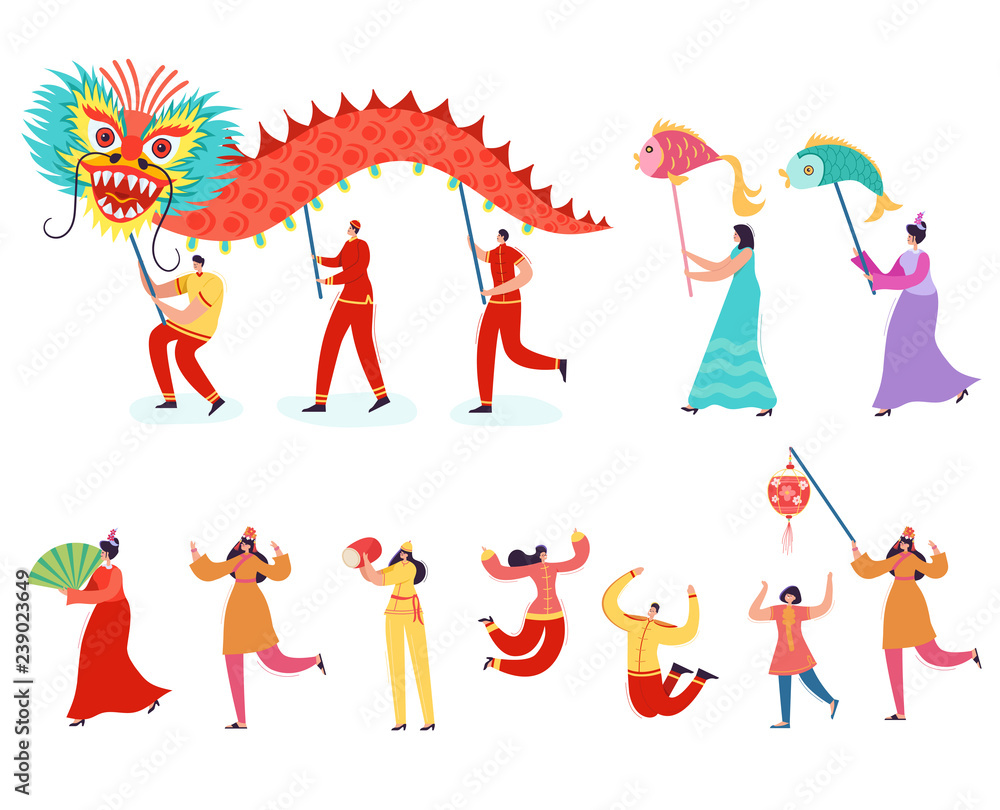 Chinese Lunar New Year People holding Dragon. Lion dance women and men ...