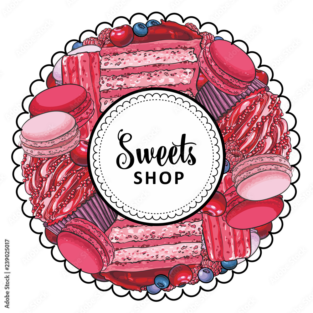 Vector sweets shop brand logo, signage background or poster template ...