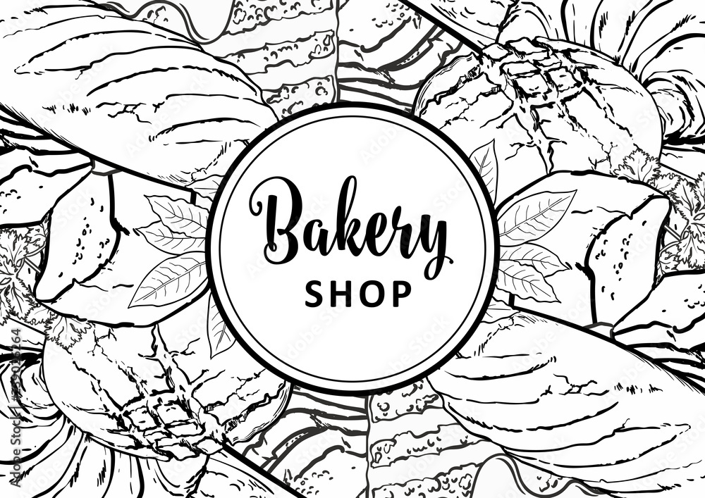 Bakery shop banner or cover with line hand drawn bread, long loaf and ...
