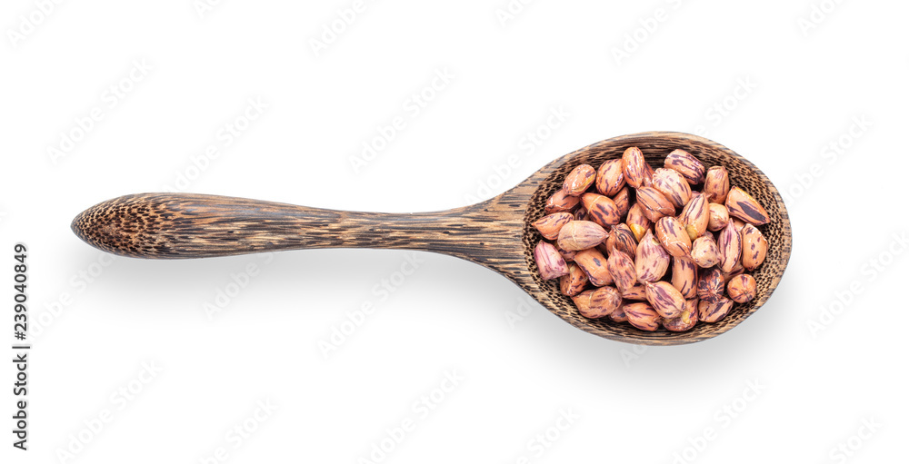 peanuts ,thai name is tiger-stripe beans in wood spoon isolated on ...