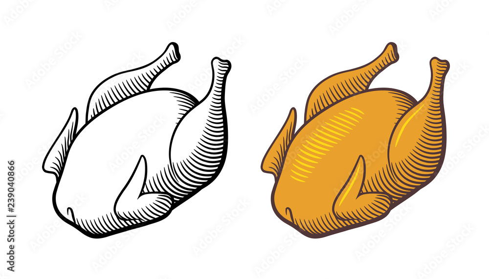 Retro style hand drawn illustration of roast chicken. Outline and ...