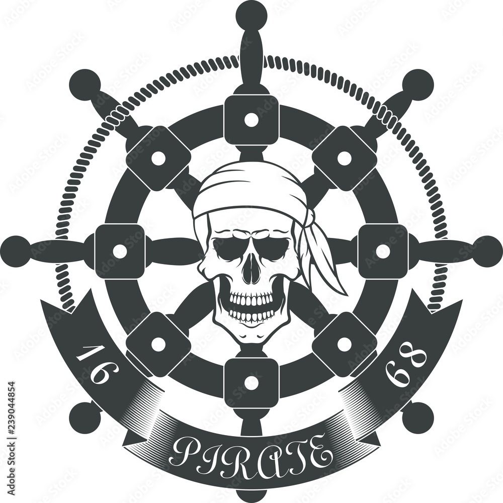 Pirate logo. Skull pirate, steering wheel, rope banner with text.Pirate ...