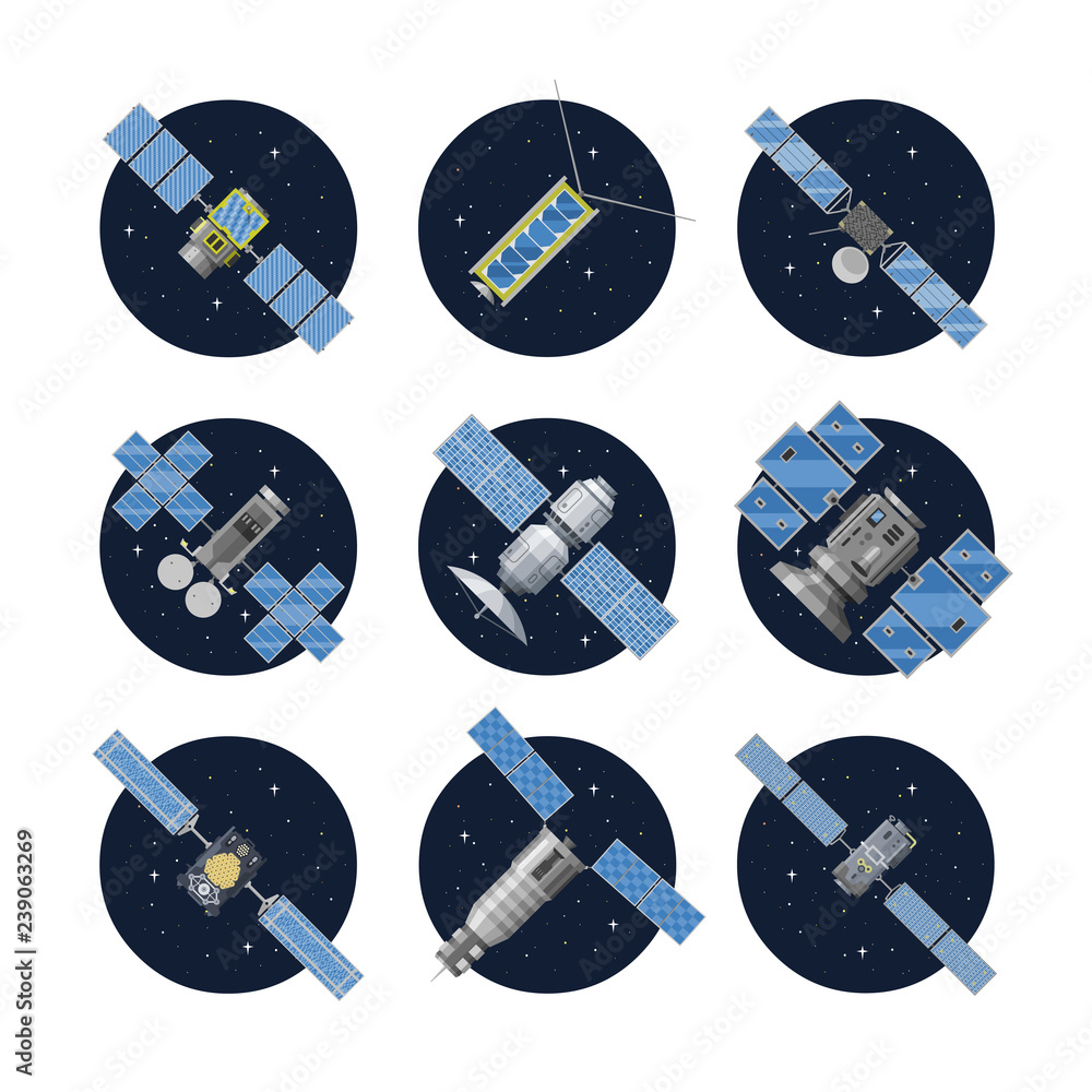 Vector flat isolated communication and reconnaissance satellite icon in ...