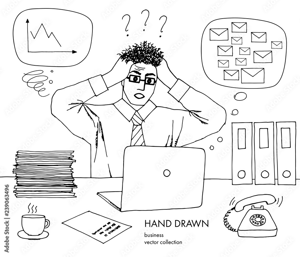 Work crisis. Businessman holds his head looking at the monitor. Hair ...
