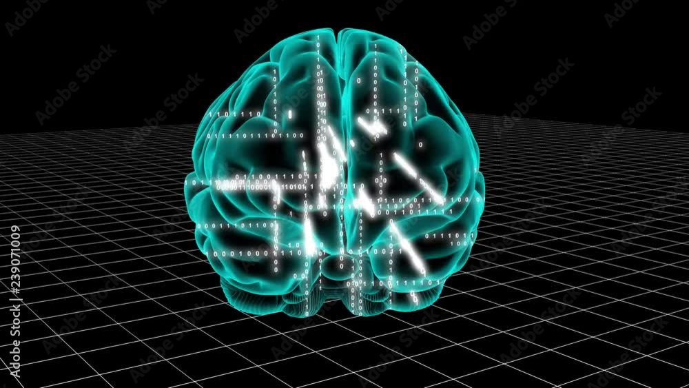 Human brain working like a computer. Lines of binary code moving around ...