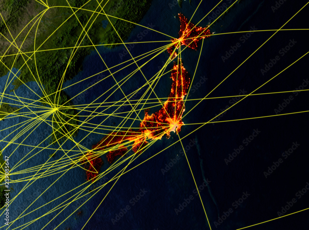 Japan from space on model of planet Earth with networks. Detailed ...