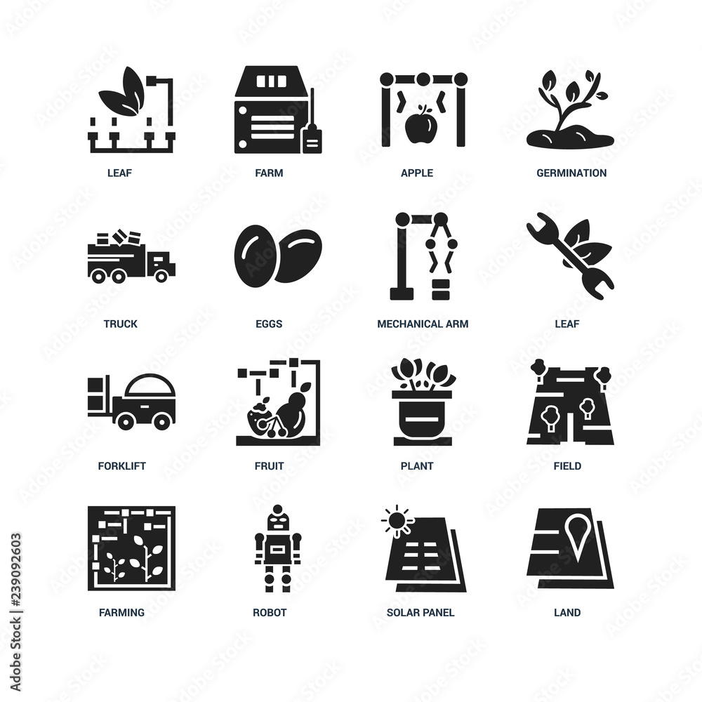 Set Of 16 icons such as Land, Solar panel, Robot, Farming, Field, Leaf ...