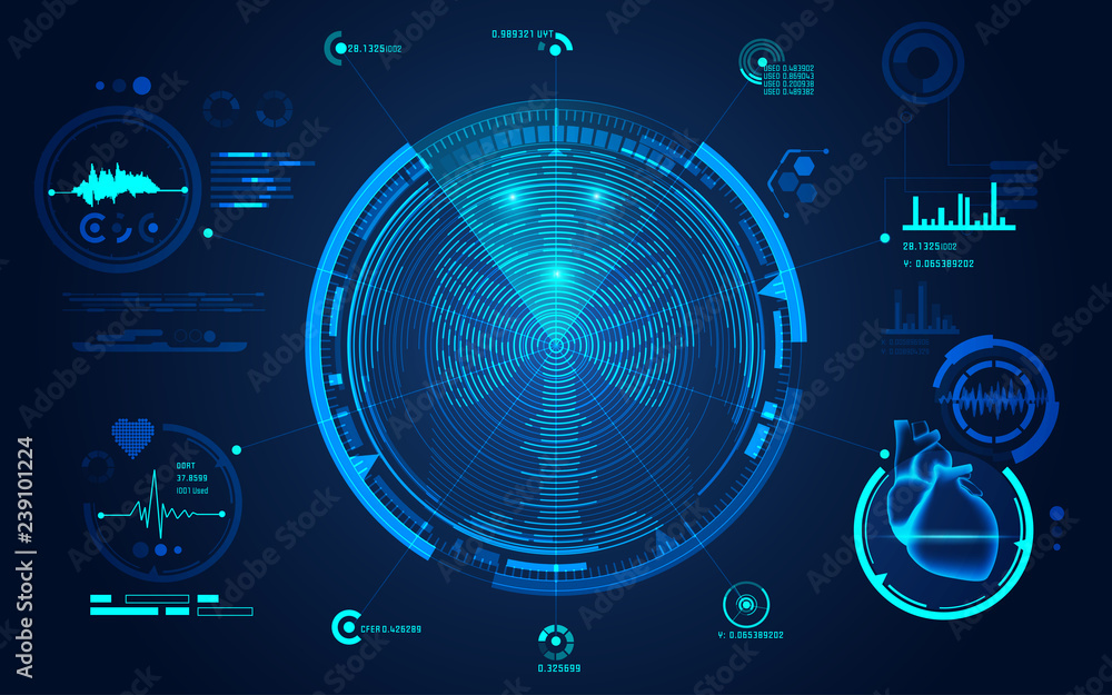 concept of health care technology, graphic of body scanning with heart ...
