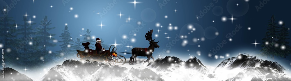 panorama christmas - santa claus with sleid and reindeers in the snowy ...