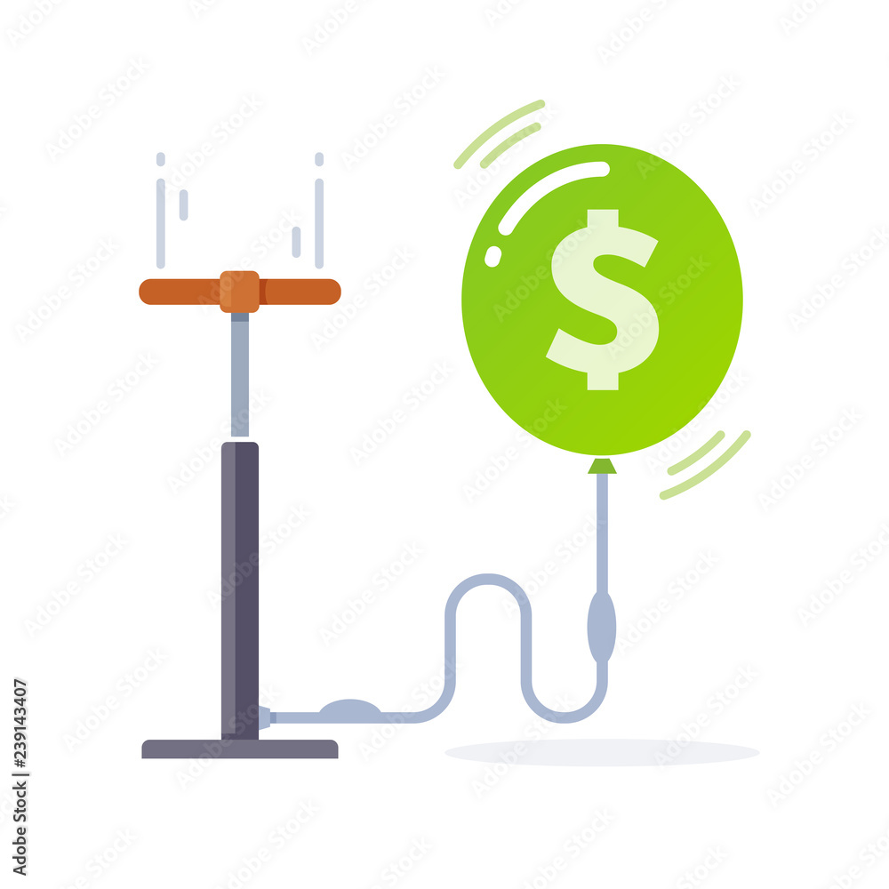 Money bubble. Conceptual illustration. Hand pump inflates balloon with ...