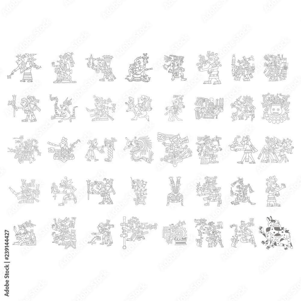 set of monochrome icons with symbols from Aztec codices for your design ...