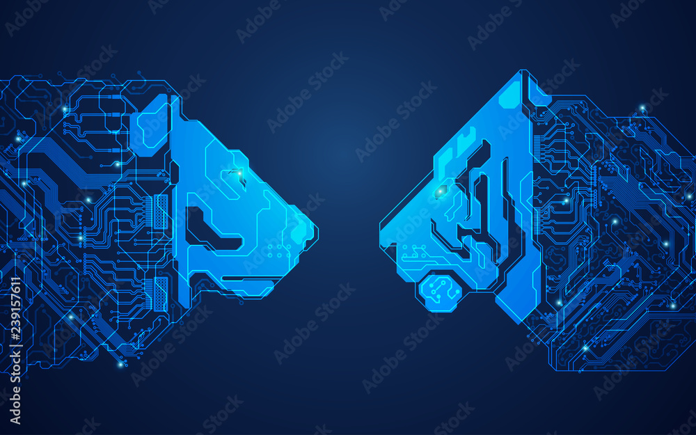 futuristic digital lion versus technological tiger, shape of lion and ...