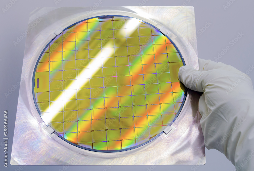 Silicon Wafer in steel holder helds by hand in gloves - A wafer is a ...