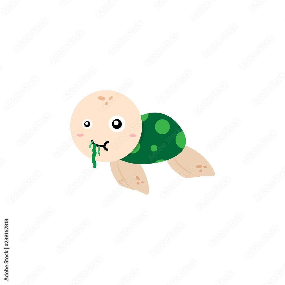 Sea turtle eating seaweed cartoon for kids isolated on white background ...