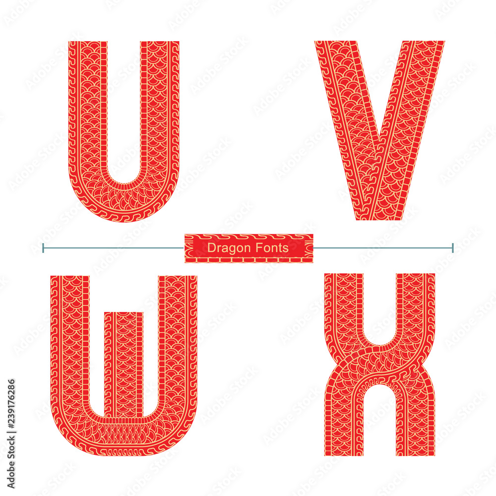 Alphabet Red Dragon texture style in a set UVWX Stock Vector | Adobe Stock