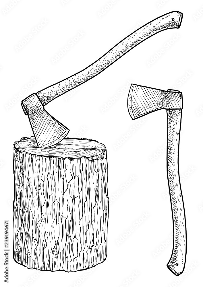 Axe with stump illustration, drawing, engraving, ink, line art, vector ...