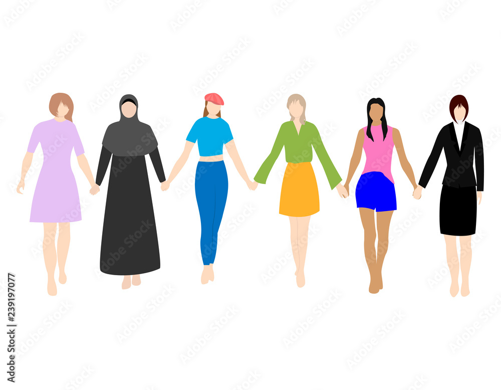 Vecteur Stock Happy Women Or Girls Standing Together And Holding Hands