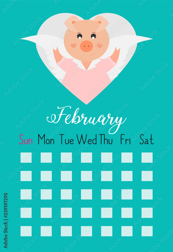 Vector cartoon style illustration of February cute calendar page with ...