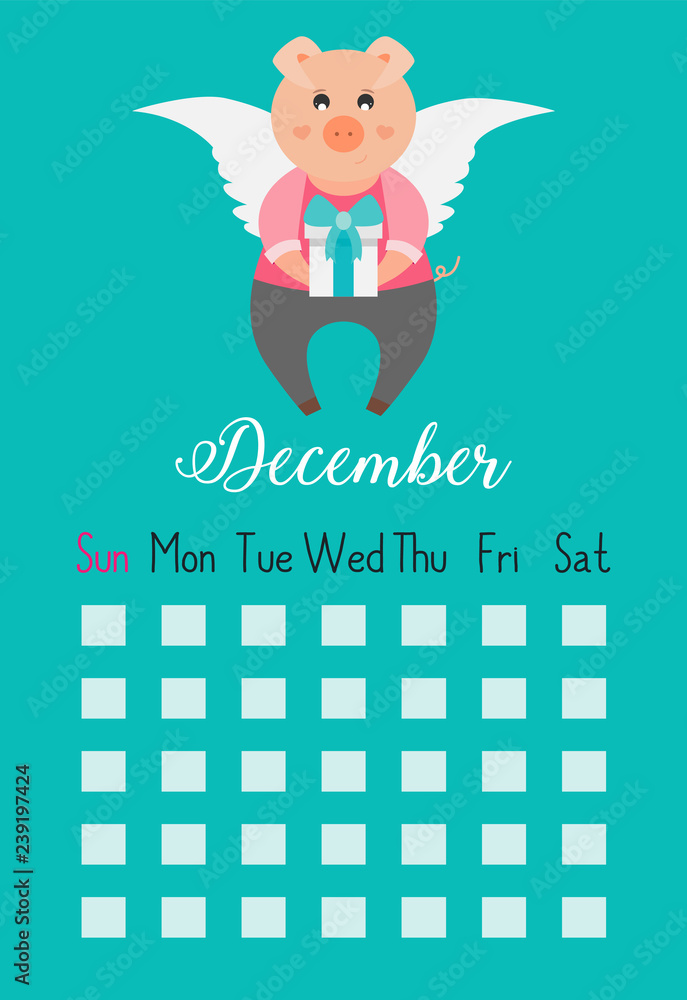 Vector cartoon style illustration of December cute calendar page with ...