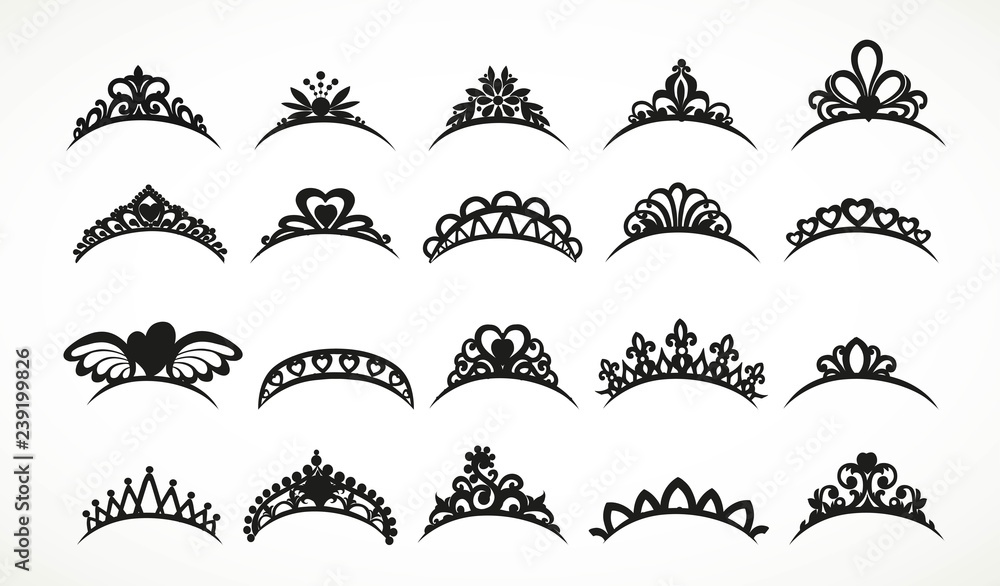 Big set of silhouettes tiaras various shapes isolated on a white ...
