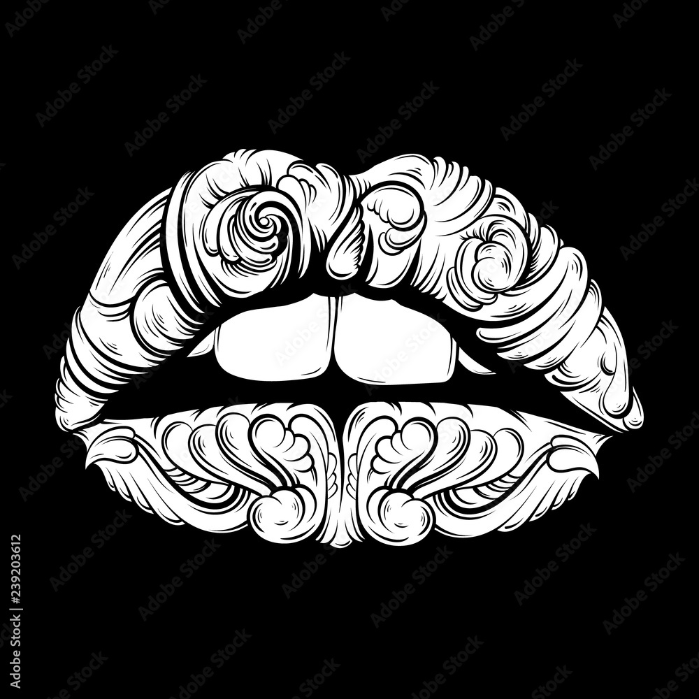 Vector illustration of surreal lips made in hand drawn style. Tattoo ...