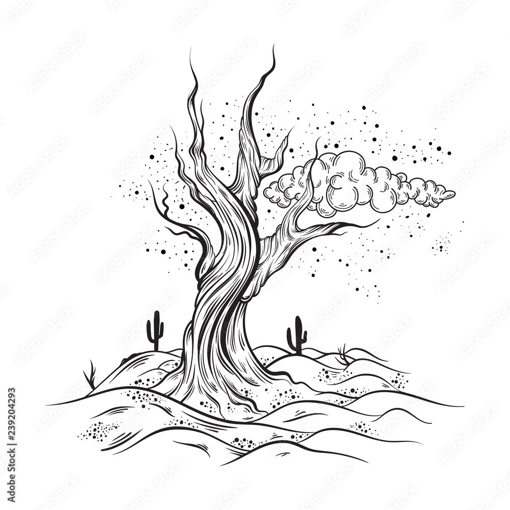 Vector hand sketched illustration of deserted landscape with dead tree ...