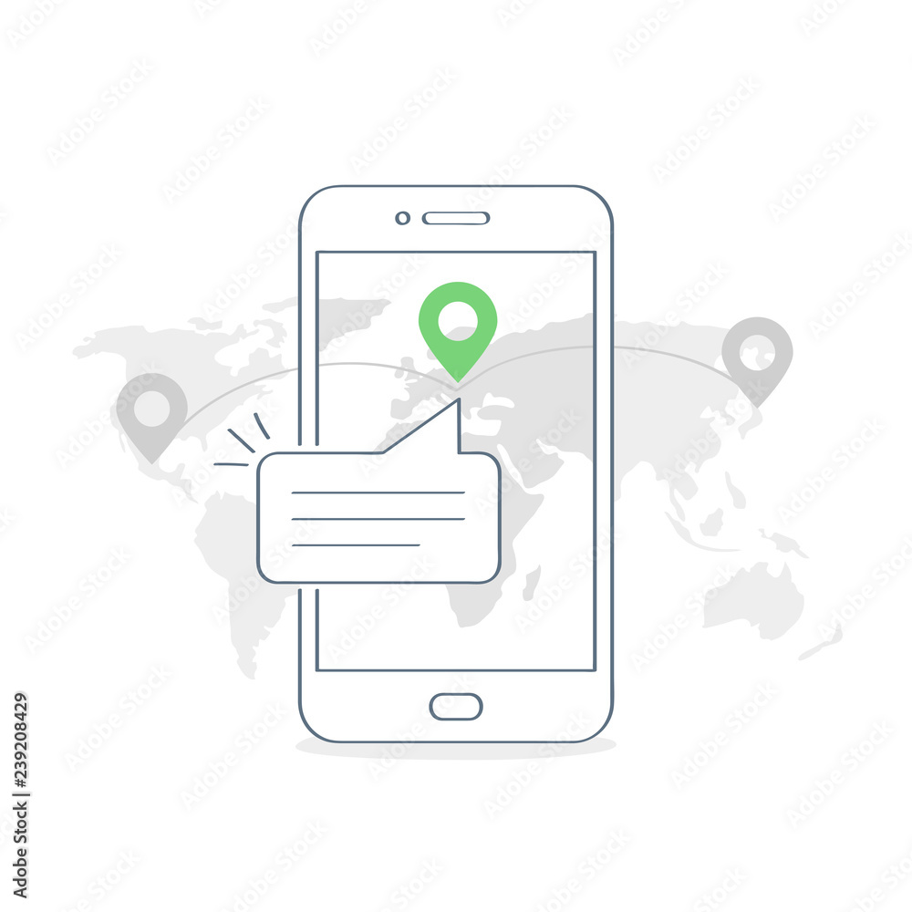 Smartphone on the world map with geo location pin on the phone display ...