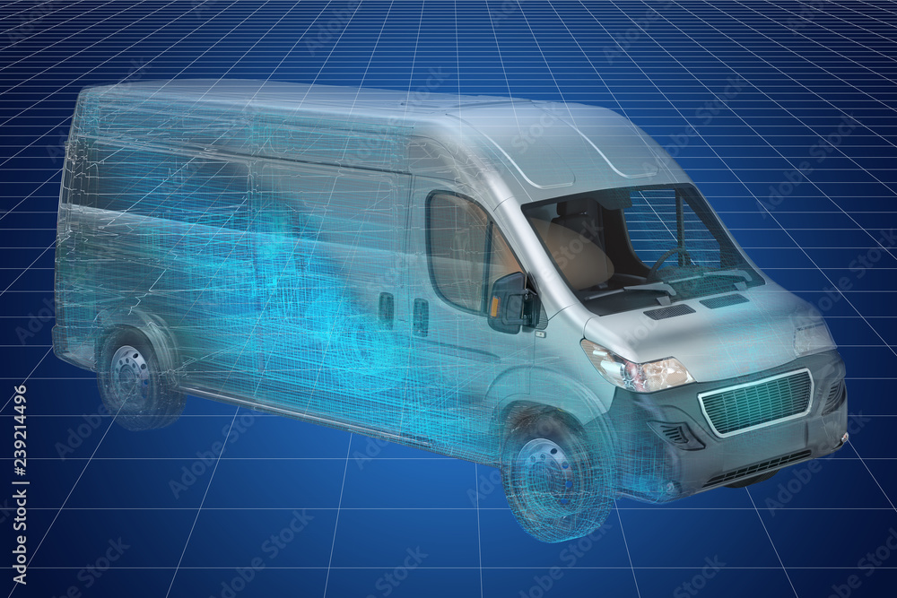 Visualization 3d cad model of delivery van, blueprint. 3D rendering ...