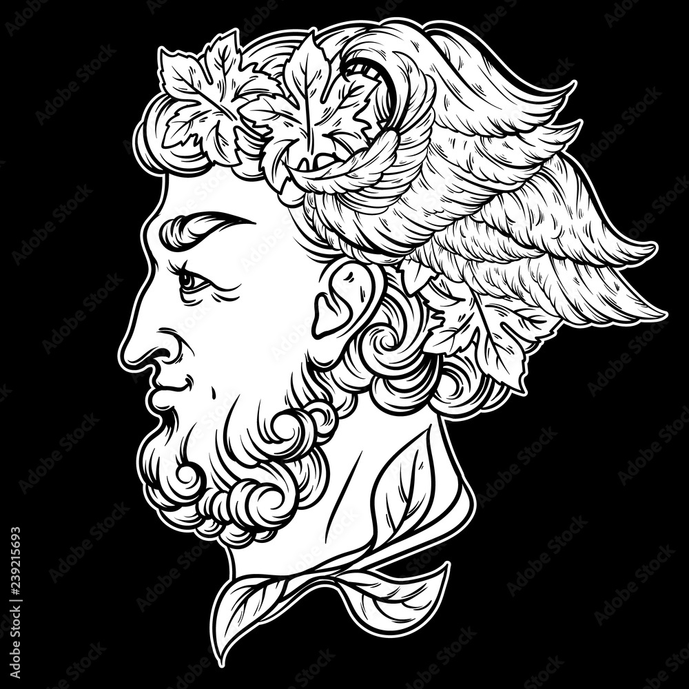 Vector hand drawn illustration with God of wine. Artwork with profile ...