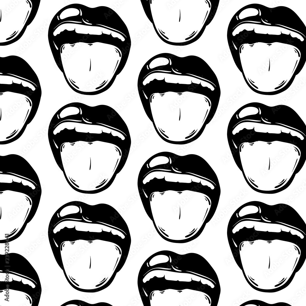 Vector pattern with hand drawn illustration of open mouth with tongue ...