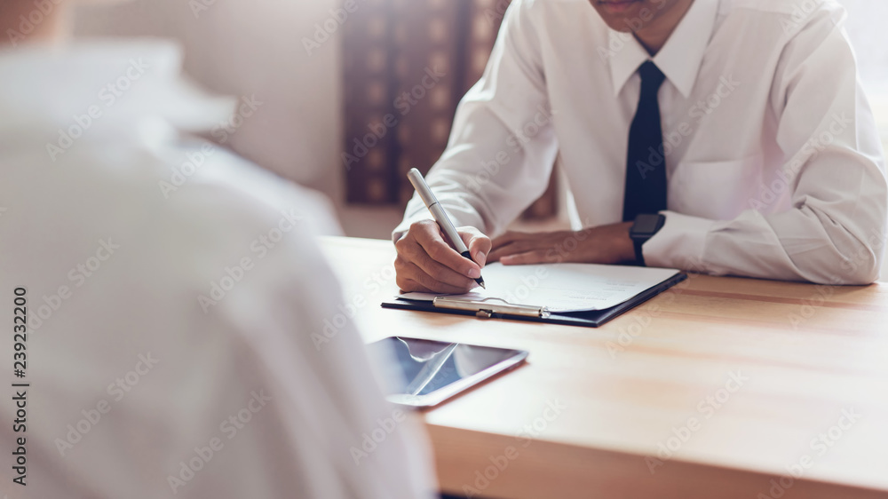 Businessman writing form submit resume employer to review job ...