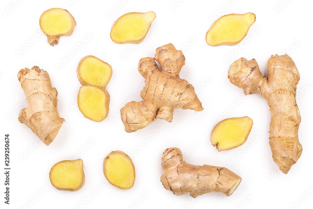 fresh Ginger root and slice isolated on white background. Top view ...