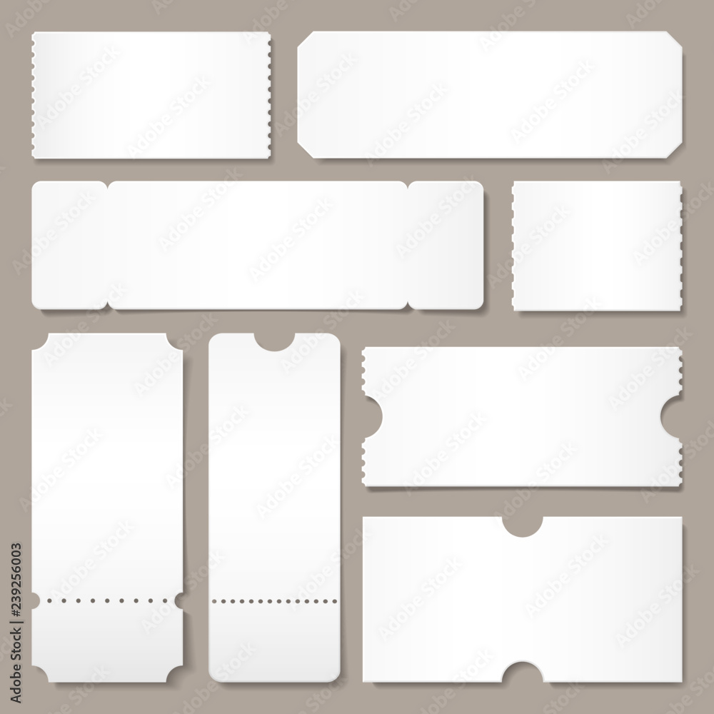 Blank ticket template. Festival concert tickets, white paper coupon ...