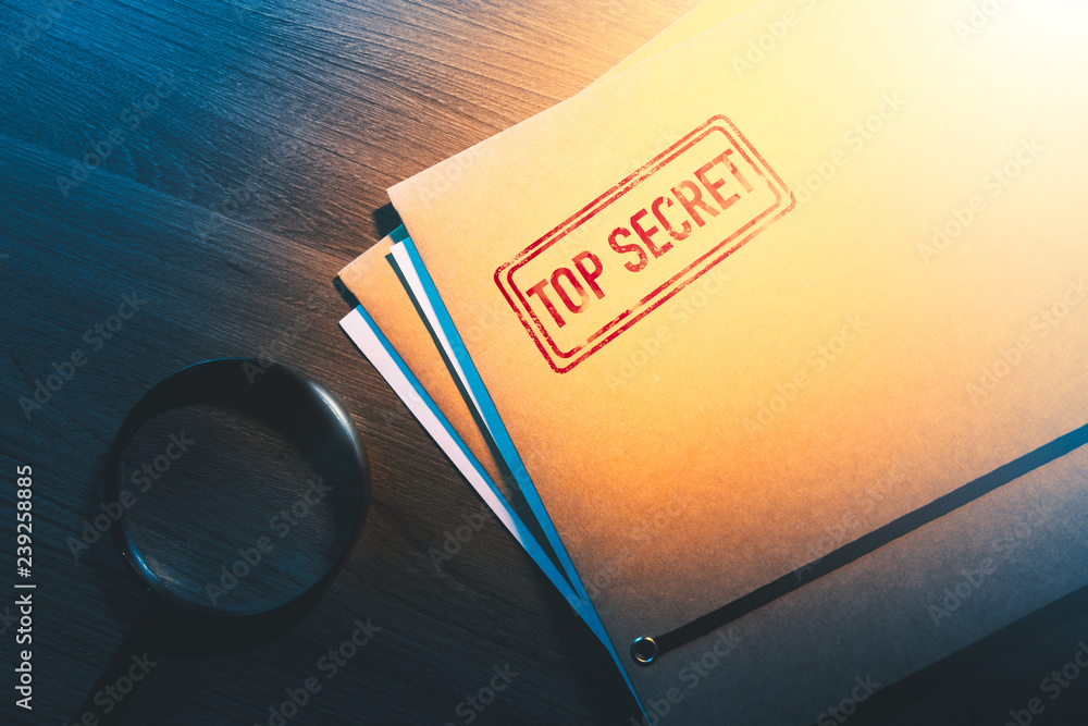 private detective desk with envelopes labeled as top secret Stock Photo ...