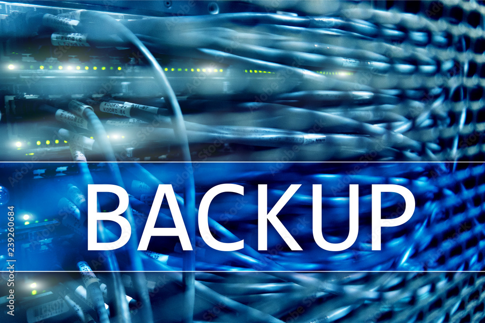 Backup button on modern server room background. Data loss prevention ...