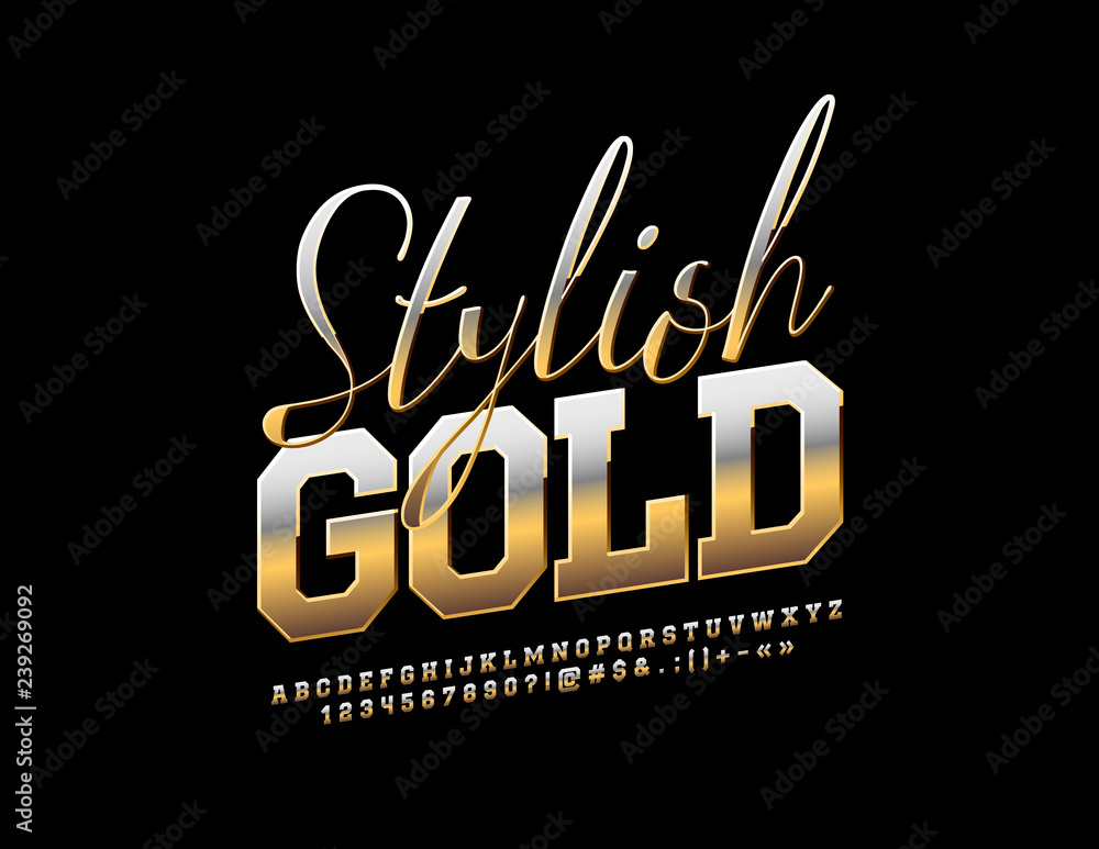 Vector stylish Gold Font. Rotated metallic Alphabet Letters, Numbers ...