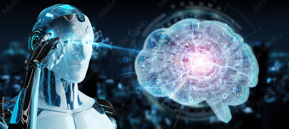 Robot creating artificial intelligence in a digital brain 3D rendering ...