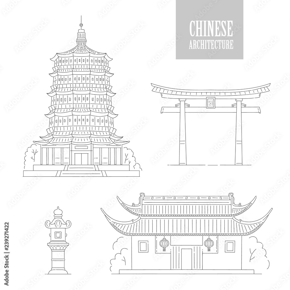 Vector Chinese architecture landmarks. Oriental buildings black white ...