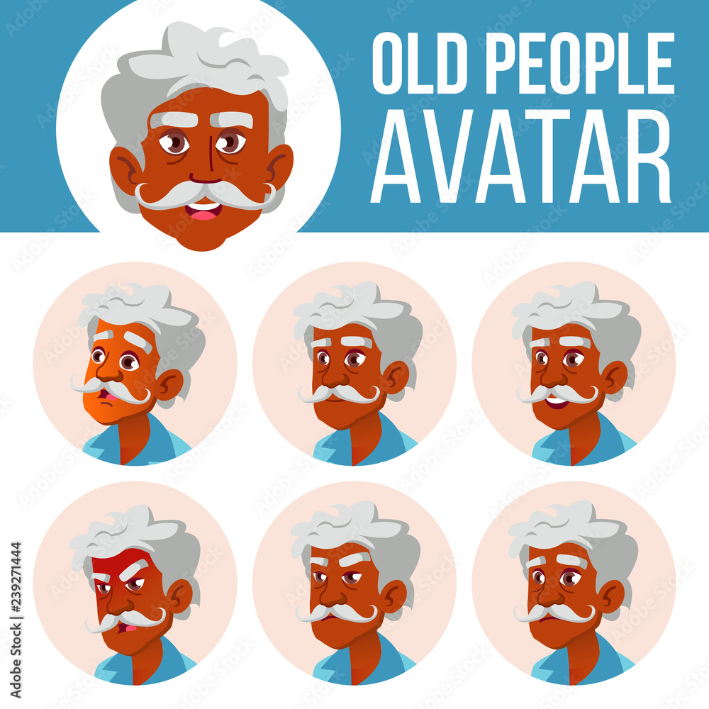 Indian Old Man Avatar Set Vector. Face Emotions. Hindu. Asian. Senior ...