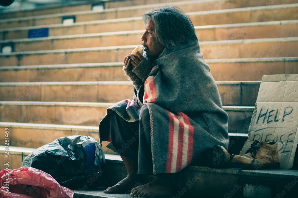 Male Beggar, Homeless man on the stair of the walkway street in the ...