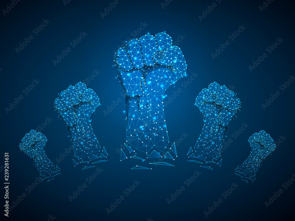 Revolution Sign gesture. Group of Clenched fist raised in air. Victory ...